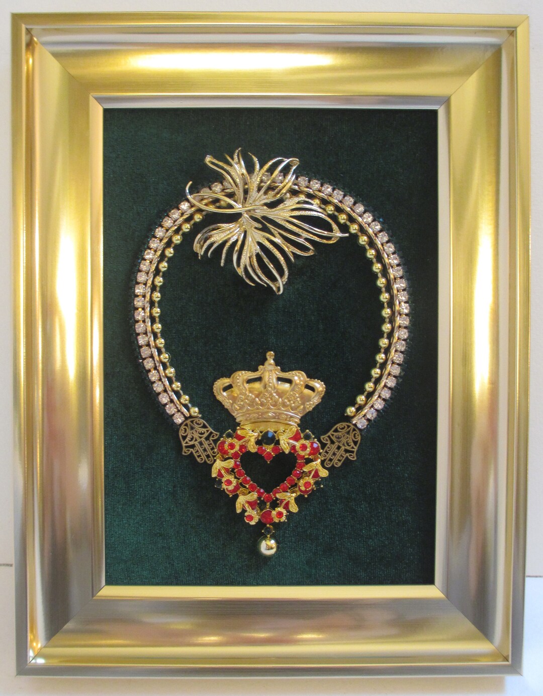Jeweled Framed Jewelry Art Claddagh Irish Forest Green Gold Red Vintage ...