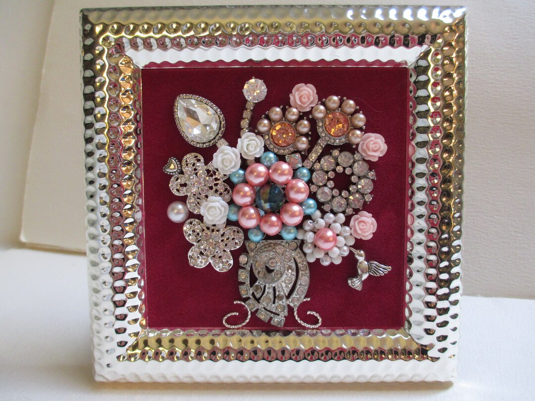 Jeweled Framed Jewelry Art Miniature Flower Bouquet Silver Pink Fuchsia ...