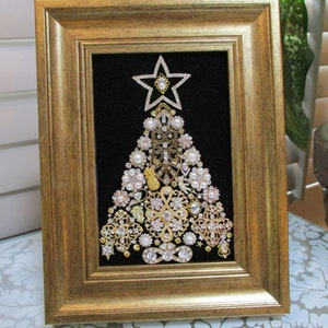 Jeweled Framed Jewelry Art Christmas Tree Black Gold Deco Rhinestone ...