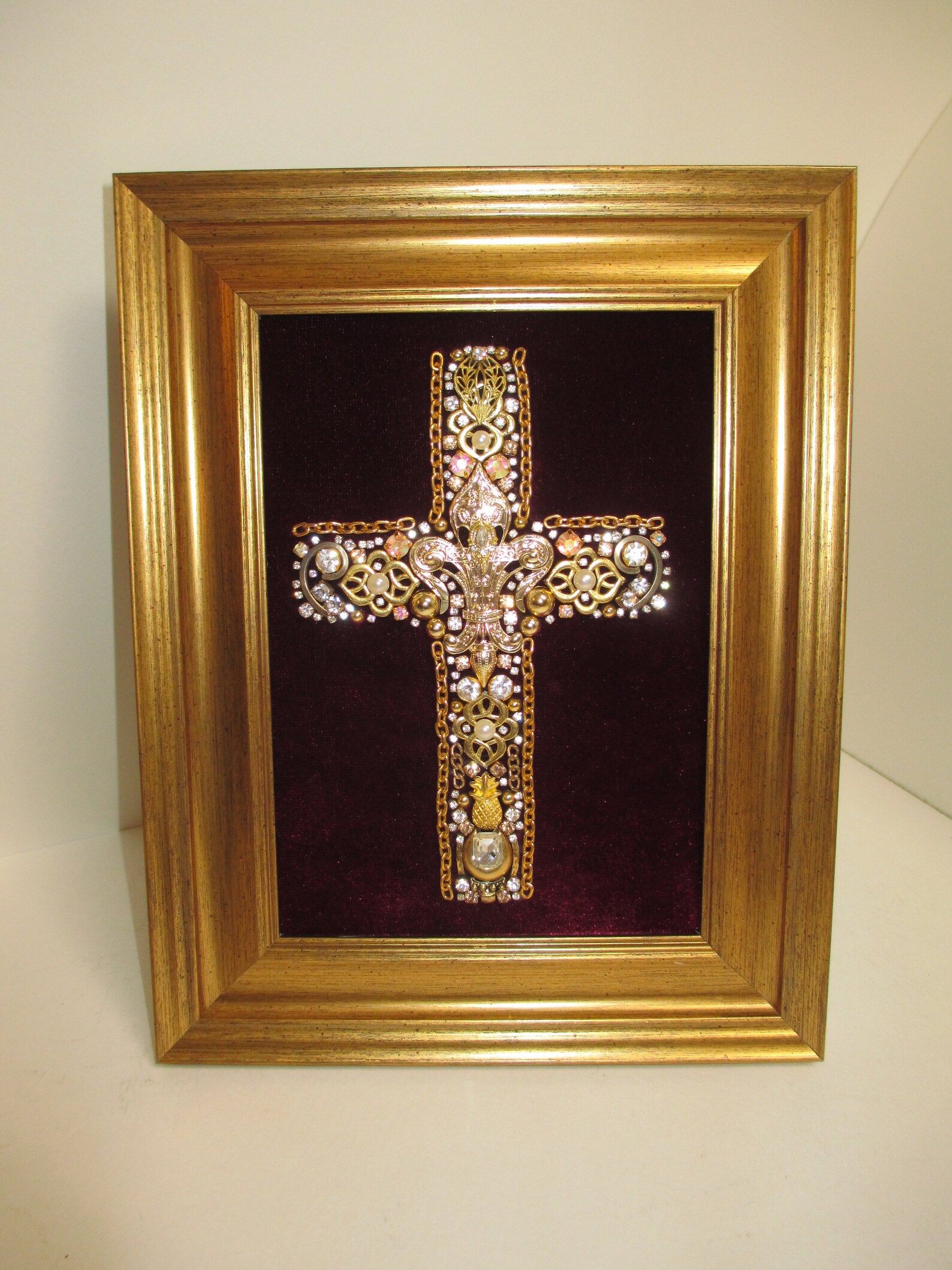 Jeweled Framed Jewelry Art Cross Maroon Gold Detailed Rhinestone ...