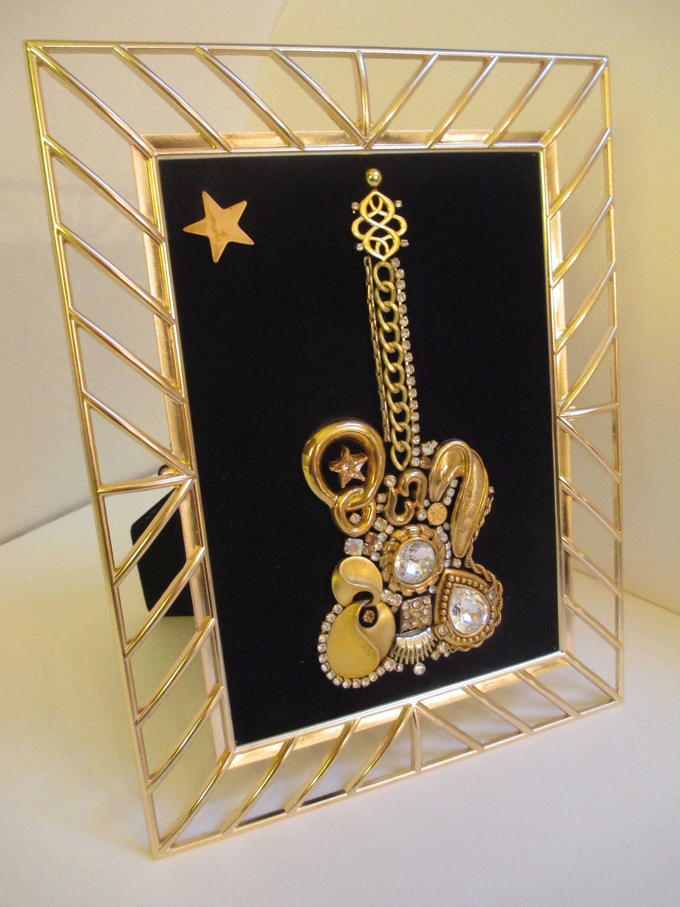 Jeweled Framed Jewelry Art Guitar Vintage Gold Rhinestone Star | Etsy