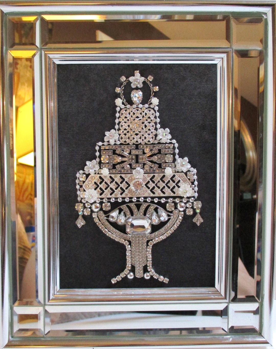 Jeweled Framed Jewelry Art Wedding Cake Gray Silver Deco Rhinestone ...