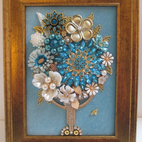 Jeweled Framed Jewelry Art Miniature Flower Bouquet Silver - Etsy