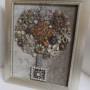 Jeweled Framed Jewelry Art Topiary Taupe Silver Vintage Rhinestone ...