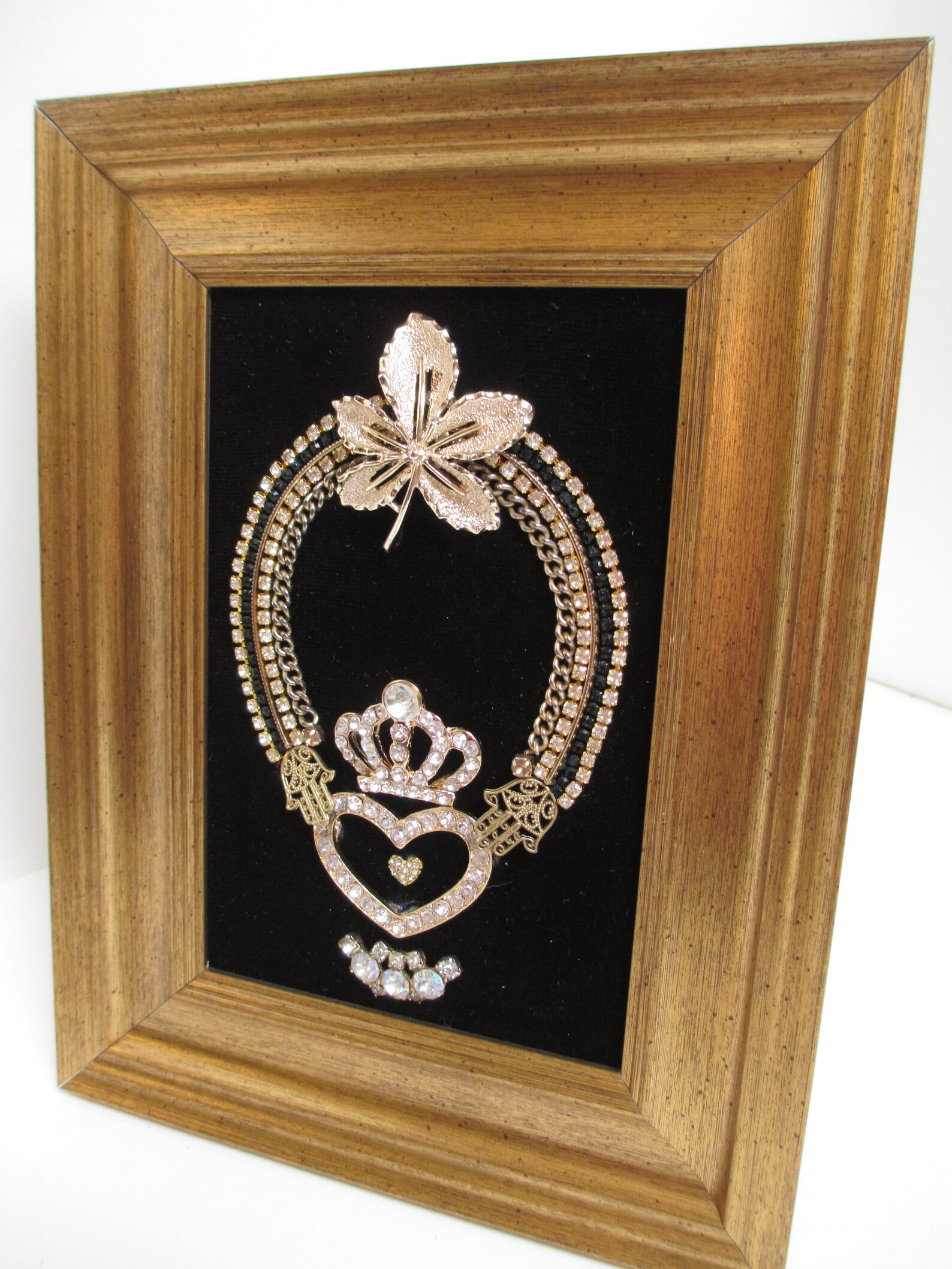 Jeweled Framed Jewelry Art Claddagh Irish Black Gold Vintage Rhinestone ...