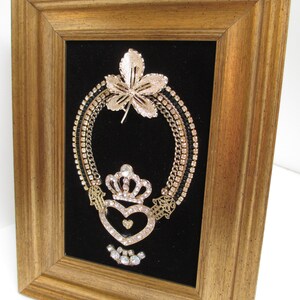 Jeweled Framed Jewelry Art Claddagh Irish Black Gold Vintage Rhinestone ...