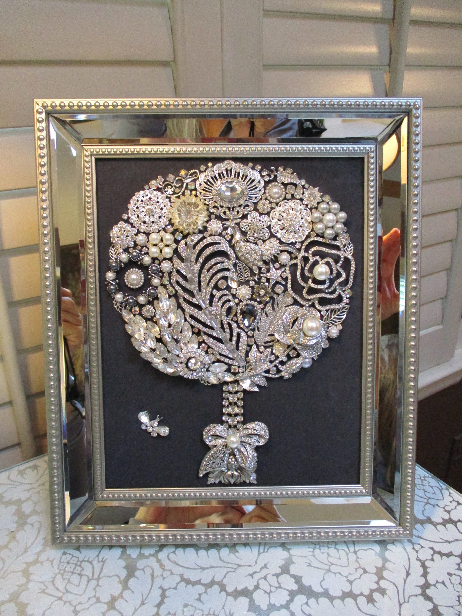 Jeweled Framed Jewelry Art Topiary Gray Silver Vintage Rhinestone ...