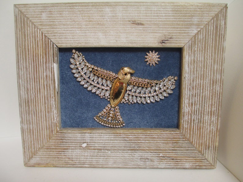 Jeweled Framed Jewelry Art Bird in Flight Blue Gold Vintage | Etsy