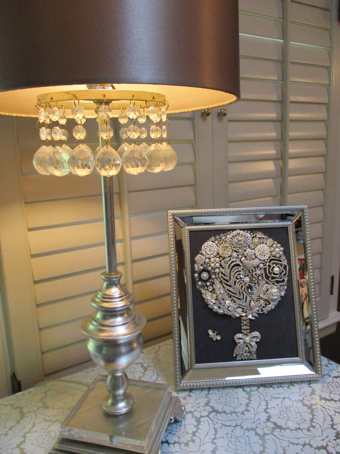 Jeweled Framed Jewelry Art Topiary Gray Silver Vintage Rhinestone ...