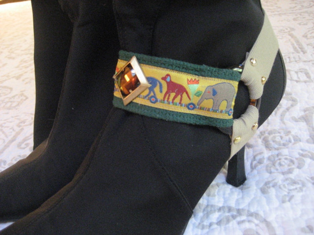 Bootstraps Shoe Jewelry Beige Green Brocade Animal Ribbon Elastic ...