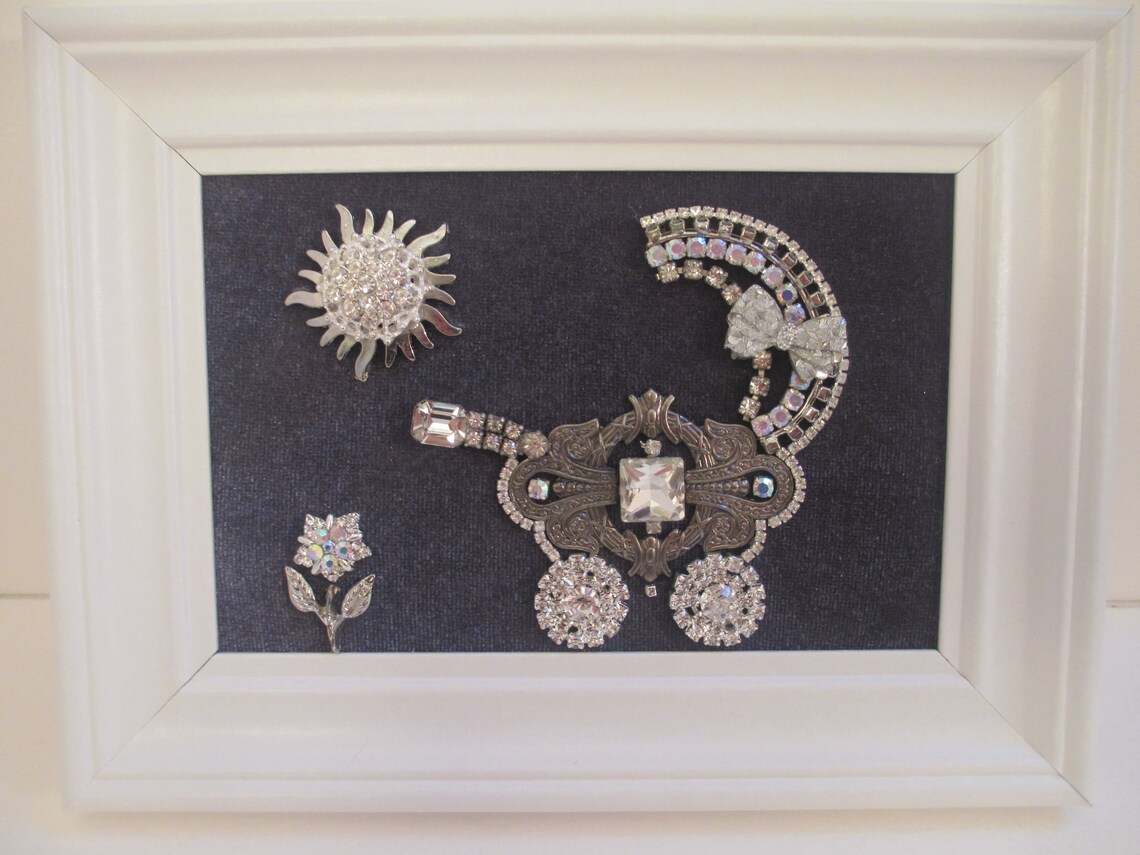 Jeweled Framed Jewelry Art Baby Carriage Stroller Gray Silver White ...