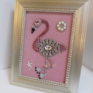 Jeweled Framed Jewelry Art Flamingo Pink Silver Vintage Rhinestone ...