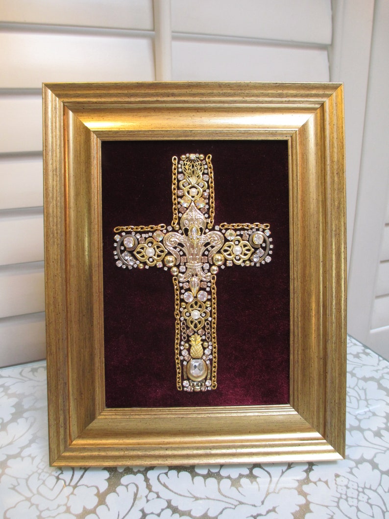 Jeweled Framed Jewelry Art Cross Maroon Gold Detailed | Etsy