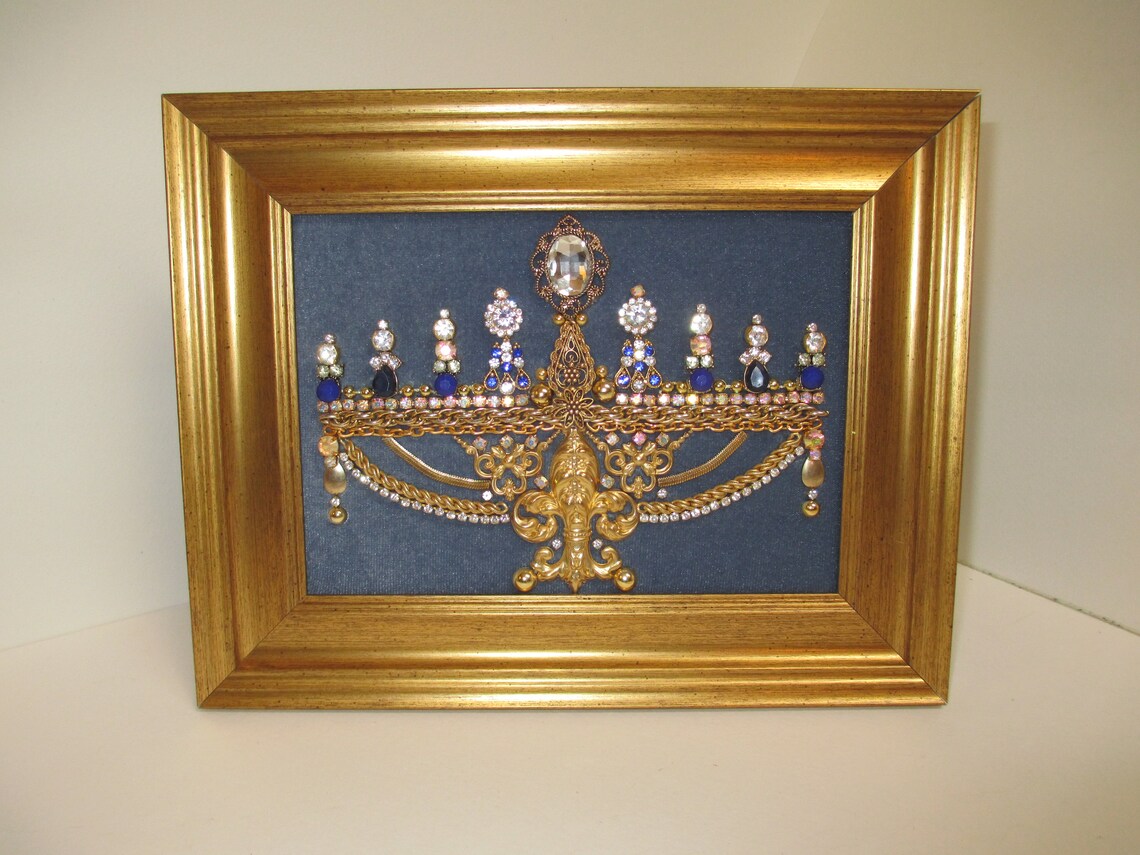 Jeweled Framed Jewelry Art Menorah Hanukkah Blue Gold Detailed - Etsy