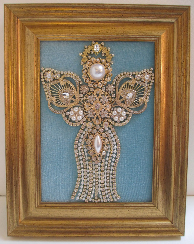 Jeweled Framed Jewelry Art Angel Aqua Blue Gold Ivory Vintage - Etsy
