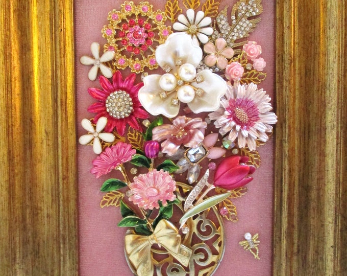 Jeweled Framed Jewelry Art Flower Bouquet Pink Gold Vintage Floral ...