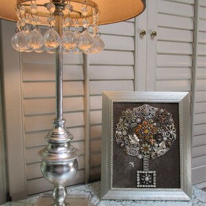 Jeweled Framed Jewelry Art Topiary Taupe Silver Vintage Rhinestone ...
