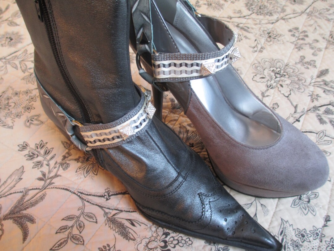 Boot Straps Shoe Jewelry Gray Rhinestone Spikes Satin Ribbon ...