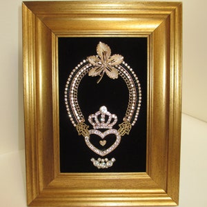 Jeweled Framed Jewelry Art Claddagh Irish Black Gold Vintage Rhinestone ...