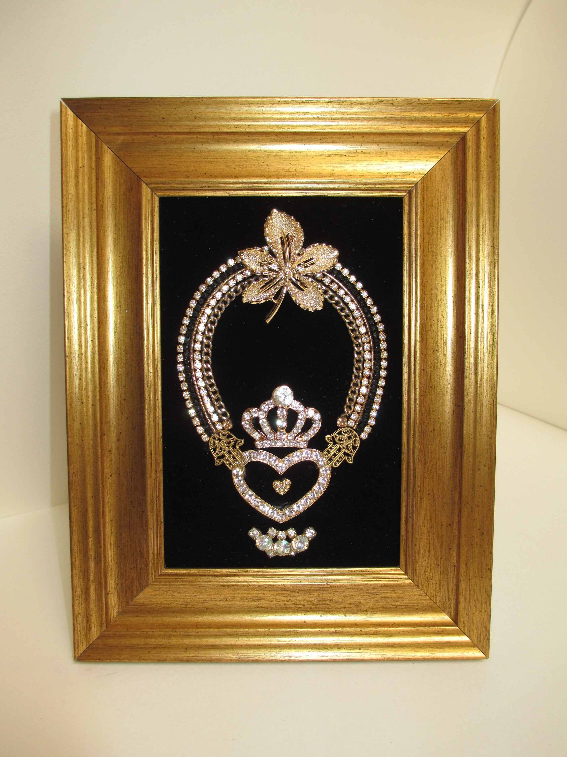 Jeweled Framed Jewelry Art Claddagh Irish Black Gold Vintage Rhinestone ...