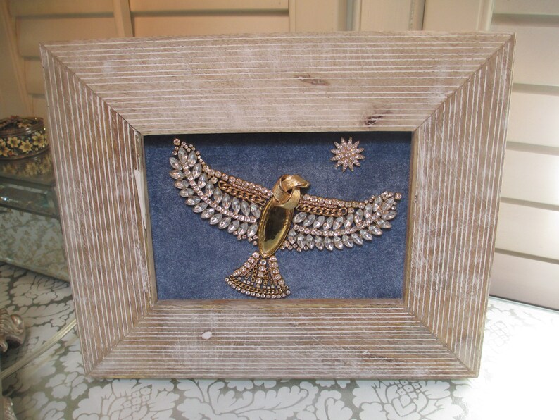 Jeweled Framed Jewelry Art Bird in Flight Blue Gold Vintage - Etsy