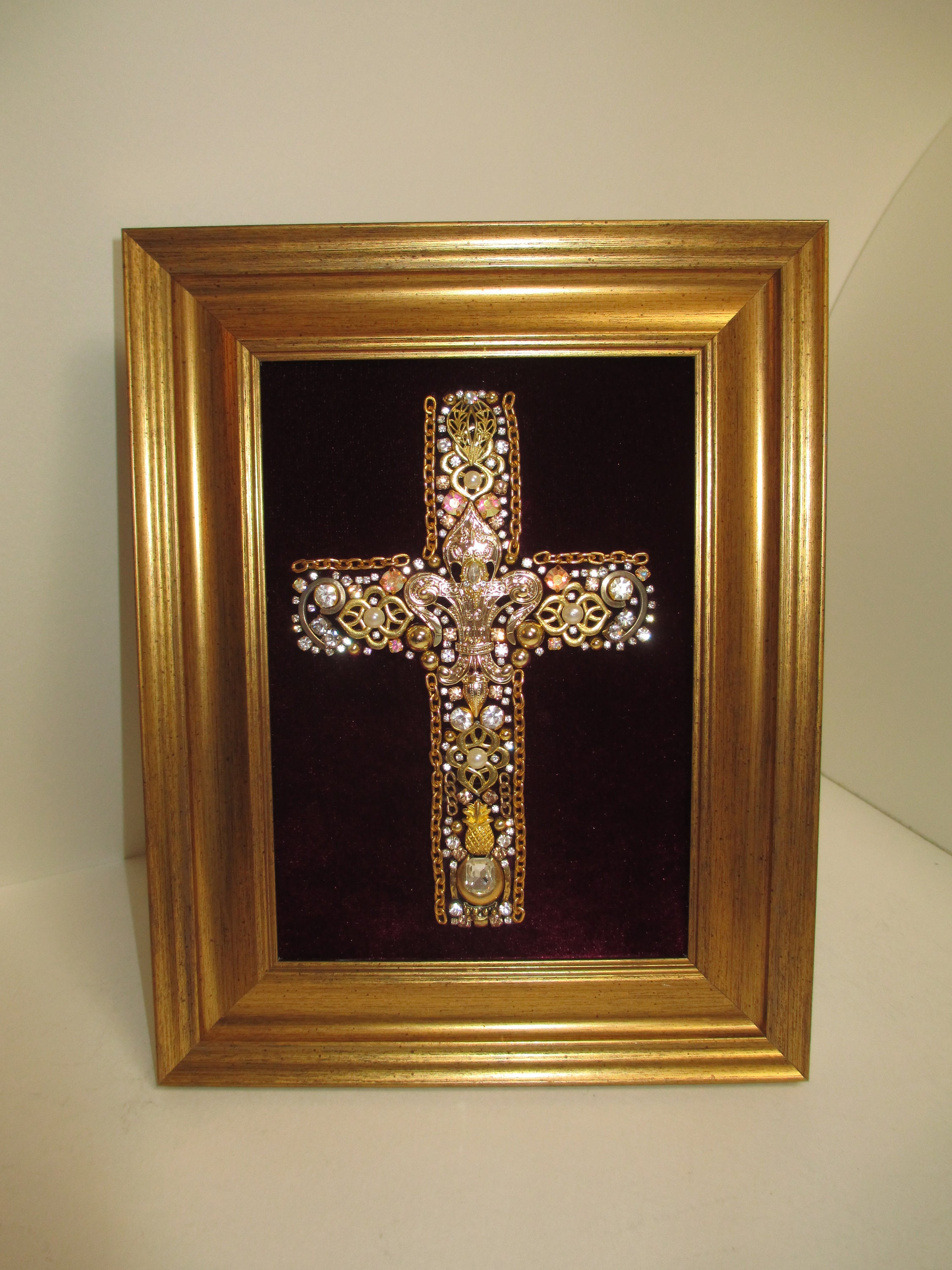 Jeweled Framed Jewelry Art Cross Maroon Gold Detailed Rhinestone ...