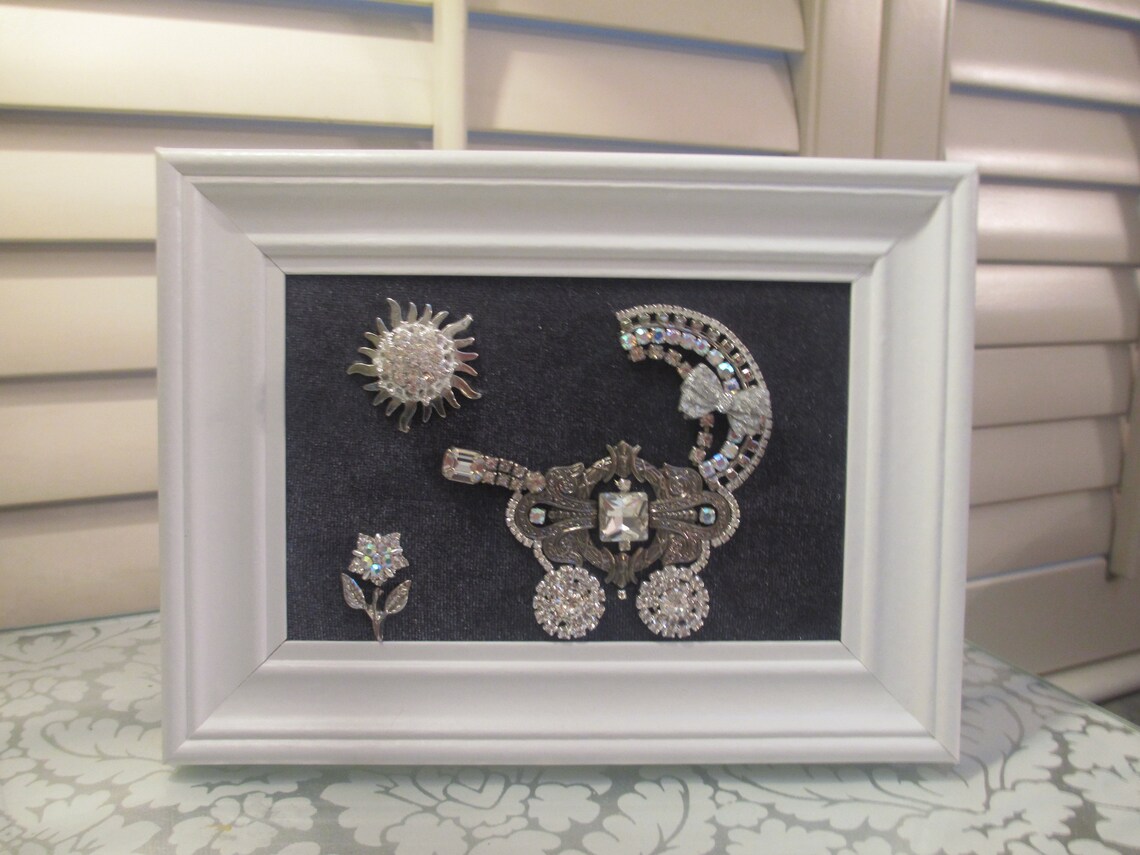 Jeweled Framed Jewelry Art Baby Carriage Stroller Gray Silver White ...