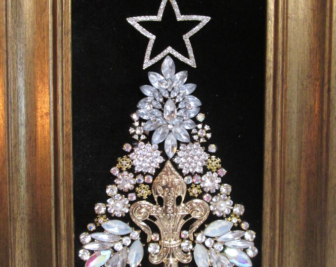Jeweled Framed Jewelry Art Christmas Tree Black Gold Rhinestone ...