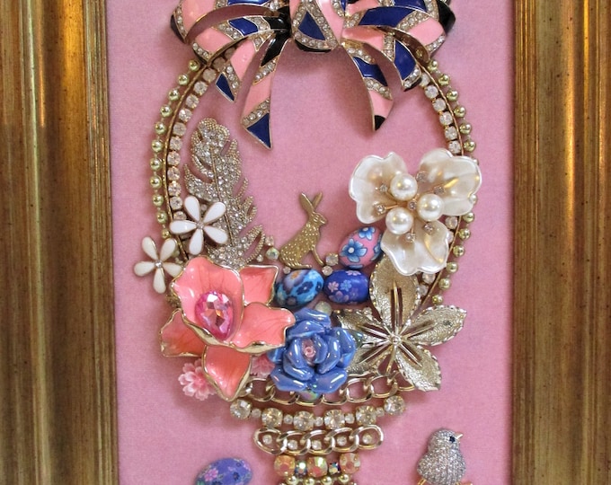 Jeweled Framed Jewelry Art Easter Spring Basket Pink Gold Periwinkle ...