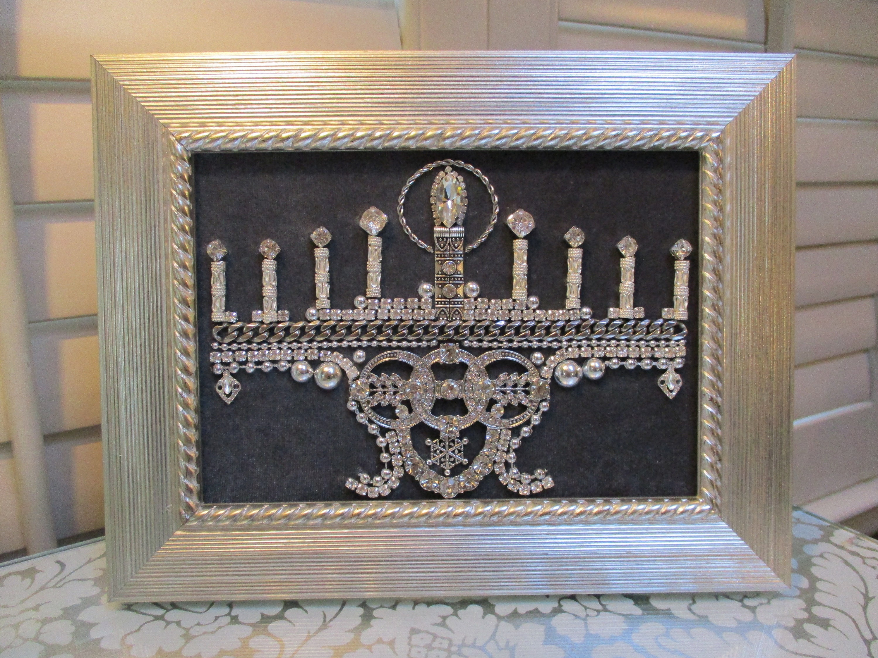 Jeweled Framed Jewelry Art Menorah Hanukkah Gray Silver Deco Rhinestone ...
