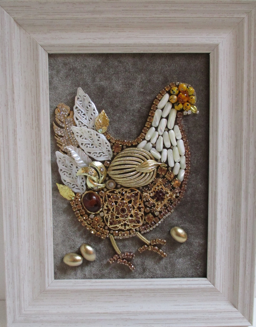 Jeweled Framed Jewelry Art Hen Chicken Taupe Gold Brown Rhinestone ...
