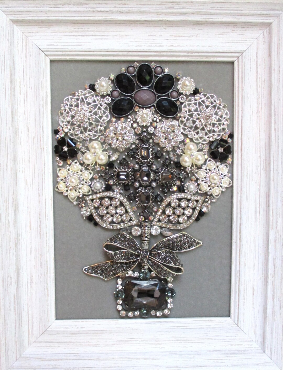 Jeweled Framed Jewelry Art Topiary Gray Silver White Vintage Rhinestone ...