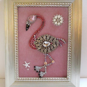 Jeweled Framed Jewelry Art Flamingo Pink Silver Vintage Rhinestone ...