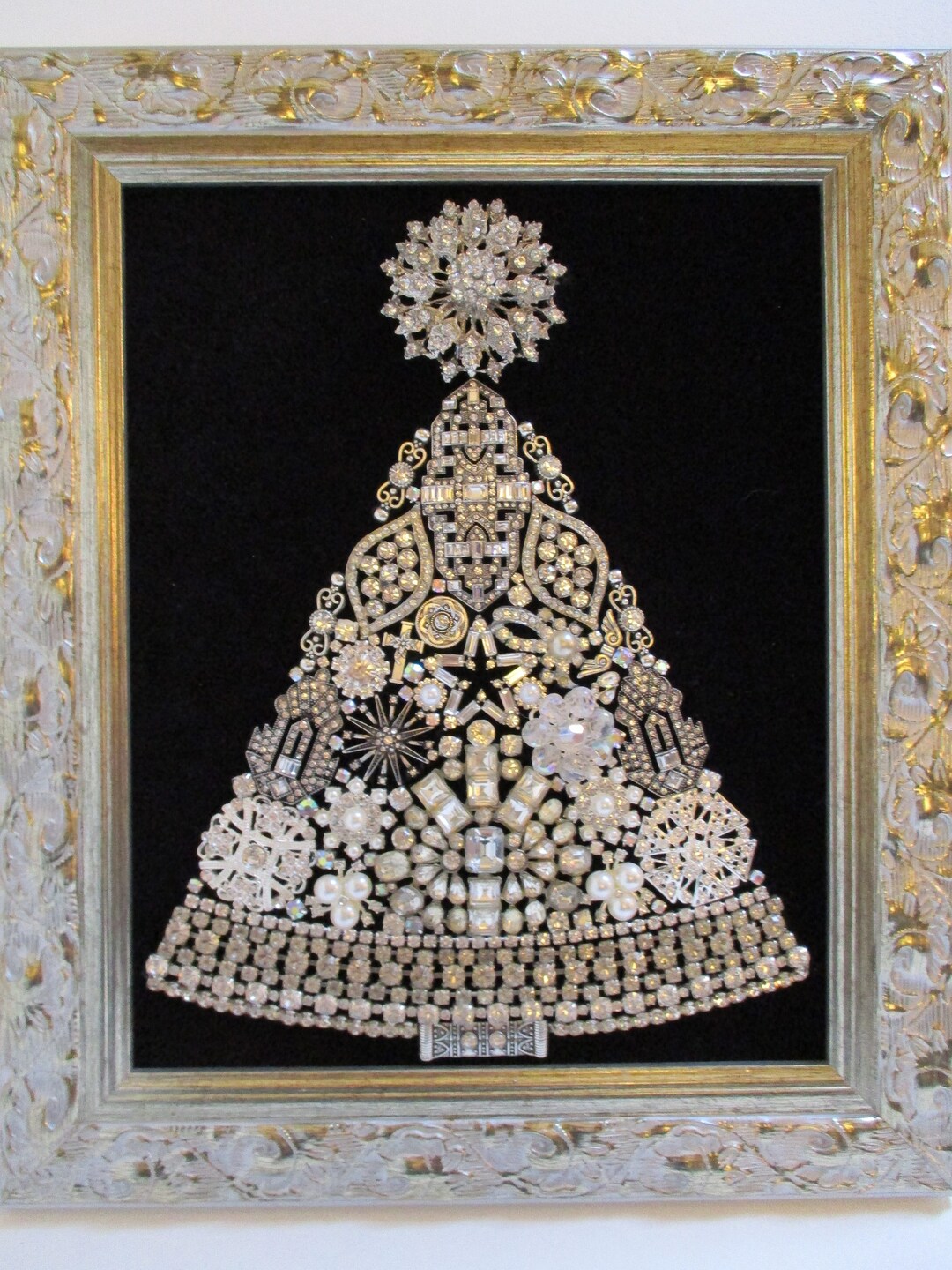 Jeweled Framed Christmas Tree Black Silver Vintage Deco Rhinestone ...