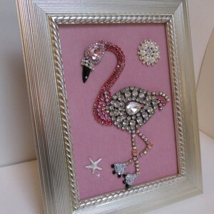 Jeweled Framed Jewelry Art Flamingo Pink Silver Vintage Rhinestone ...