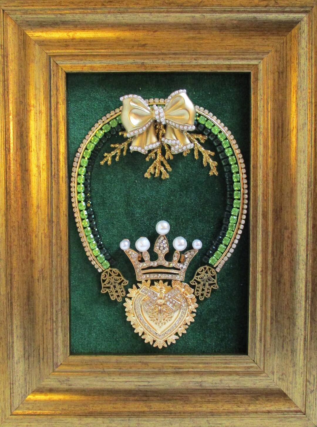 Jeweled Framed Jewelry Art Claddagh Irish Green Gold Rhinestone Heart ...