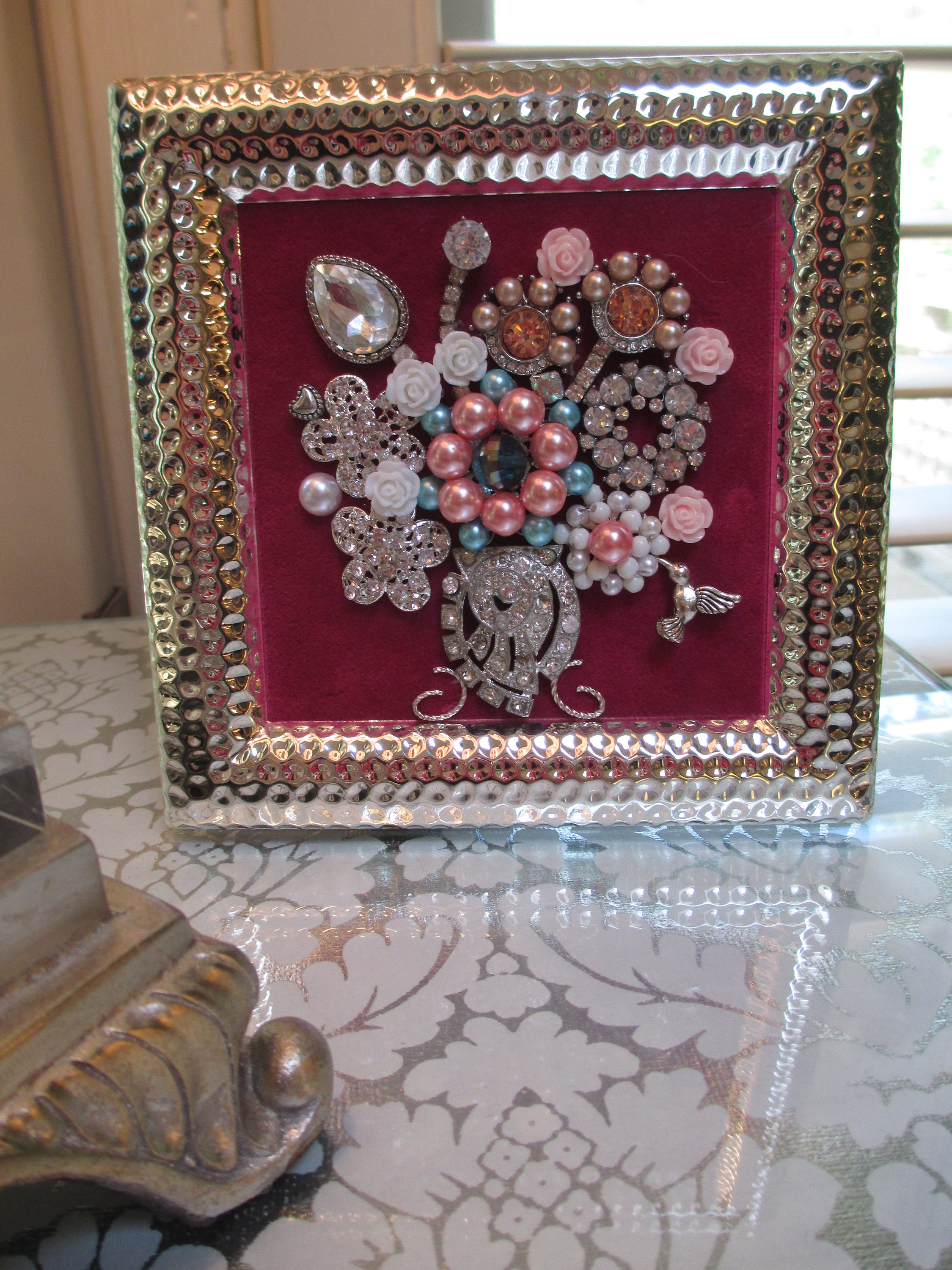 Jeweled Framed Jewelry Art Miniature Flower Bouquet Silver Pink Fuchsia ...