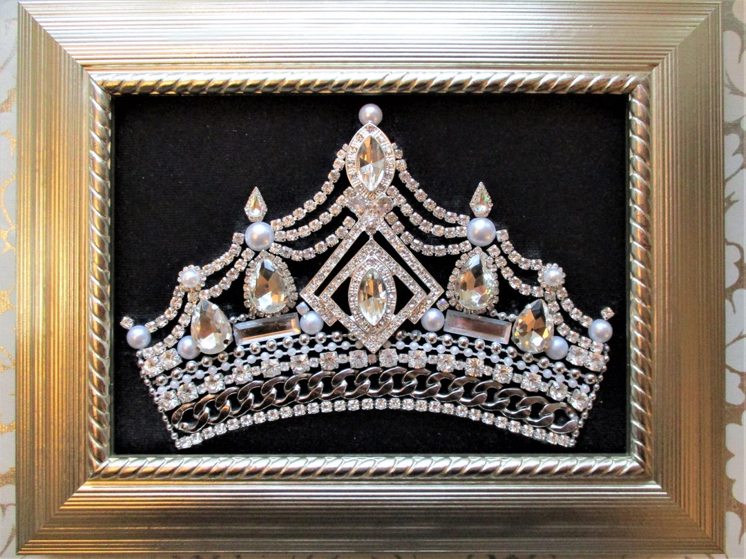 Jeweled Framed Jewelry Art Crown Tiara Gray Silver Rhinestone Pearl ...