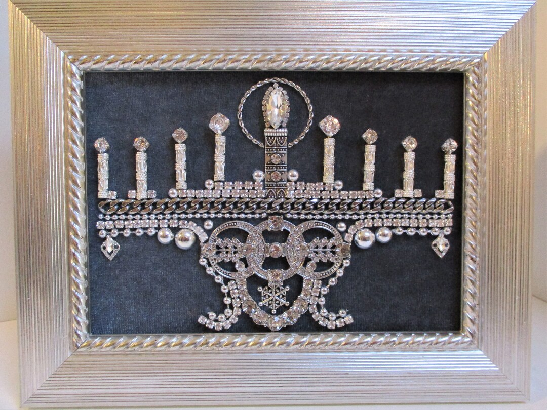 Jeweled Framed Jewelry Art Menorah Hanukkah Gray Silver Deco Rhinestone ...