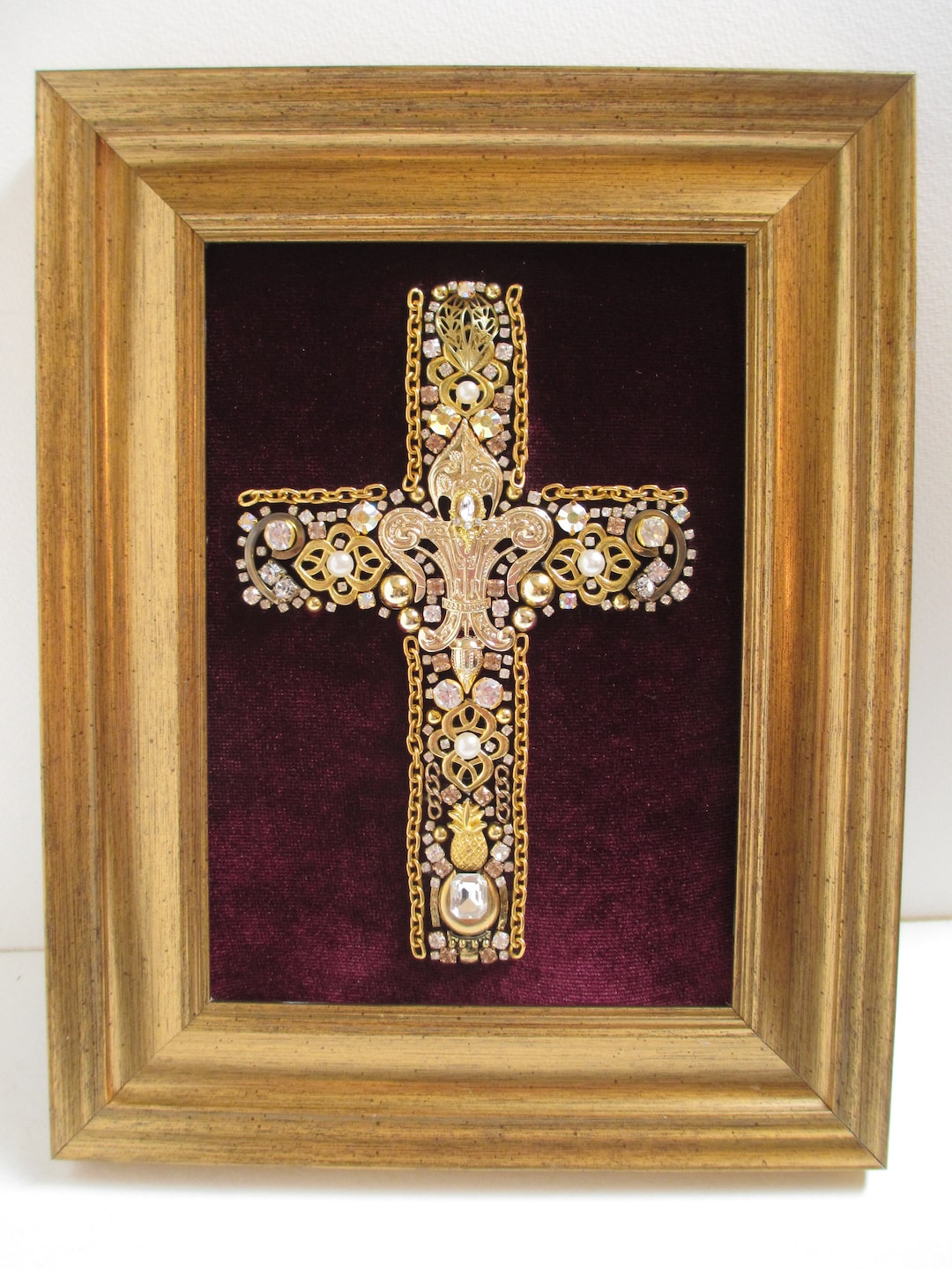 Jeweled Framed Jewelry Art Cross Maroon Gold Detailed Rhinestone ...