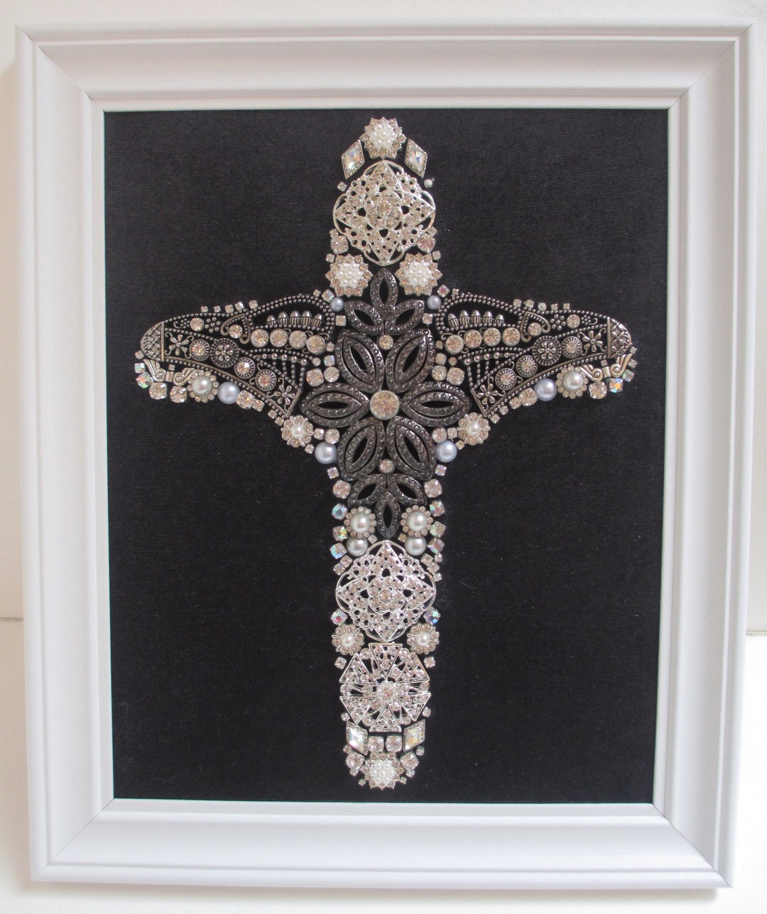 Jeweled Framed Jewelry Art Cross Gray Silver White Deco Rhinestone ...