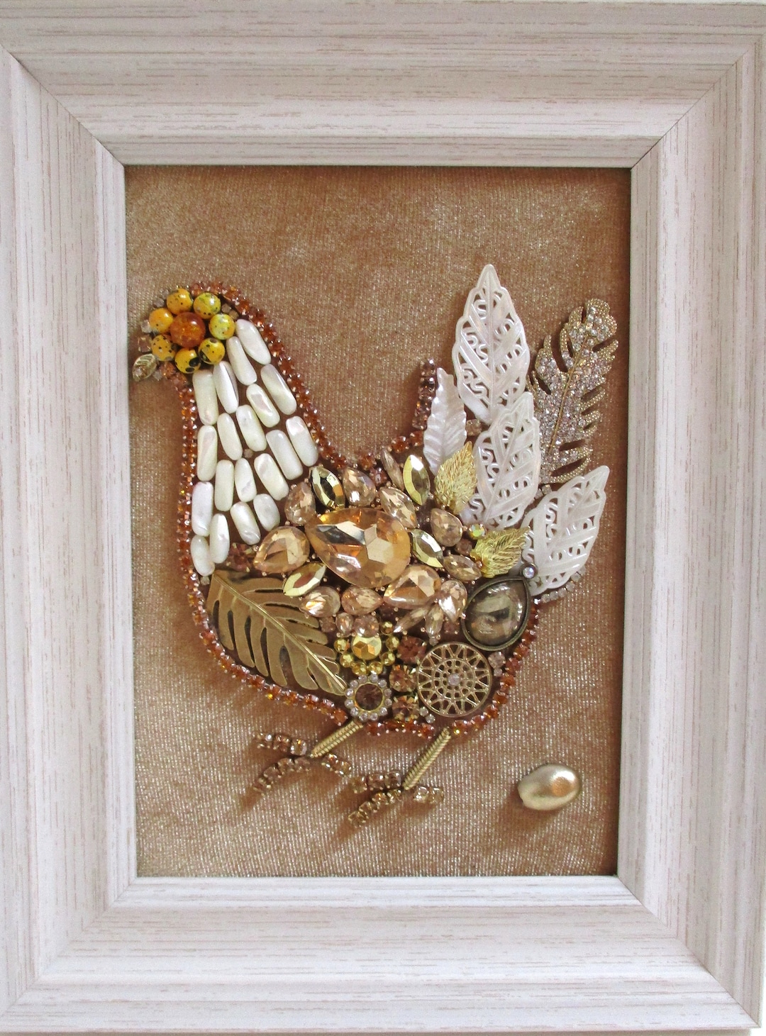 Jeweled Framed Jewelry Art Chicken Hen Gold Brown Rhinestone Detailed ...