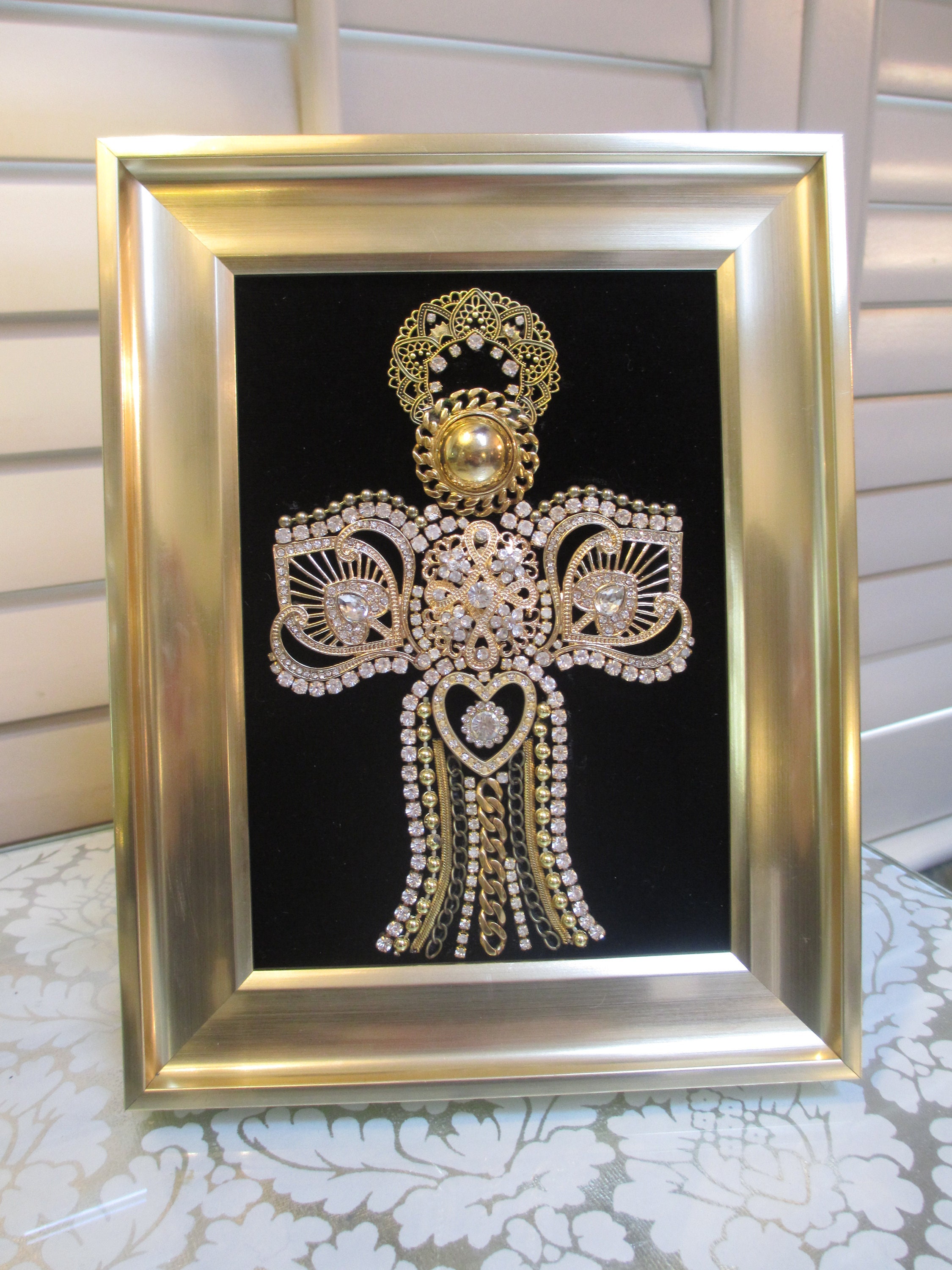 Jeweled Framed Jewelry Art Angel Black Gold Vintage Deco | Etsy