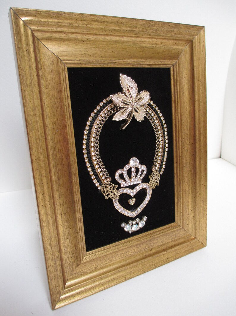 Jeweled Framed Jewelry Art Claddagh Irish Black Gold Vintage Rhinestone ...