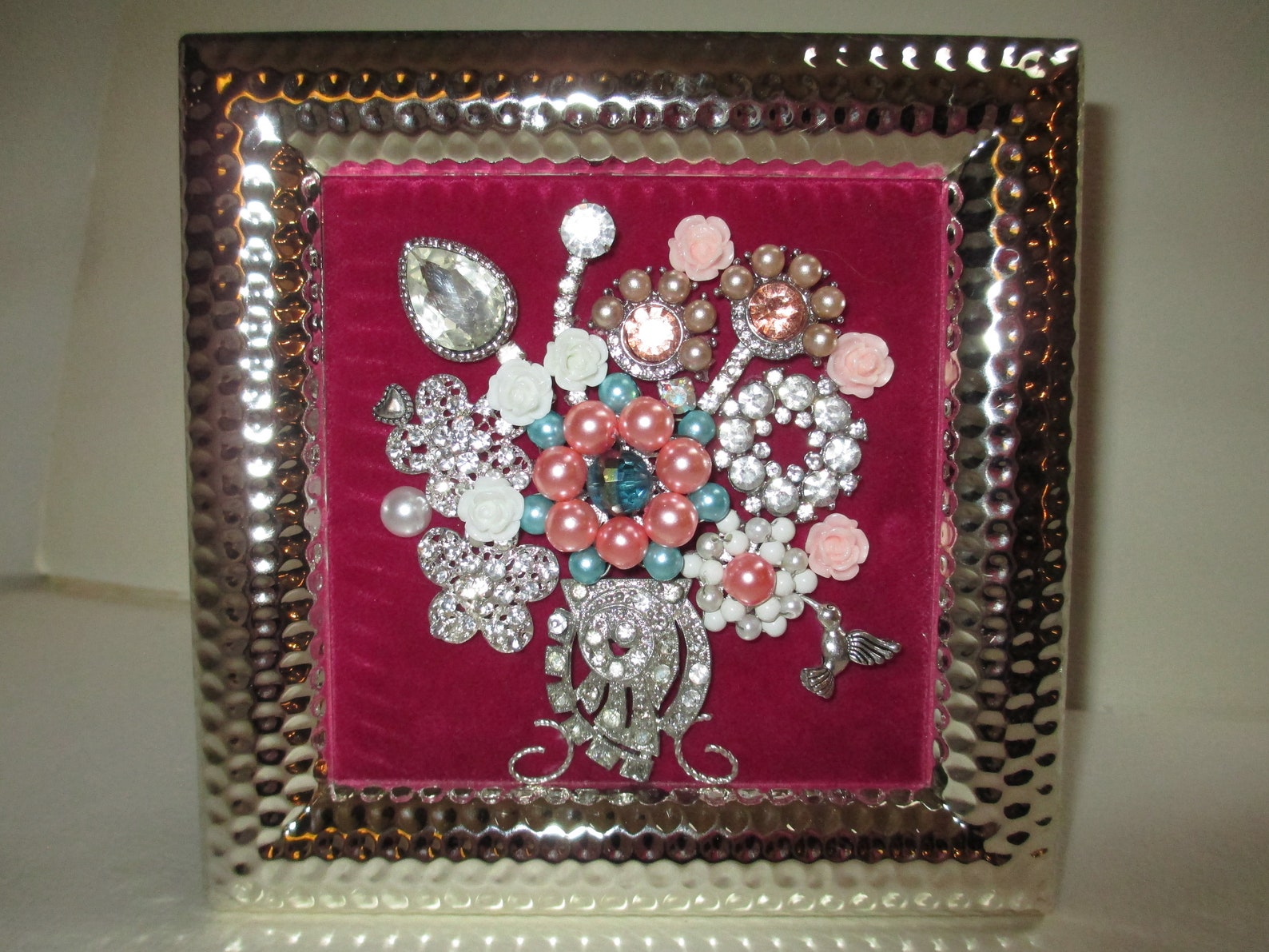 Jeweled Framed Jewelry Art Miniature Flower Bouquet Silver Pink Fuchsia ...