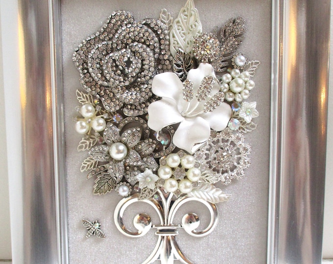 Jeweled Framed Jewelry Art Flower Bouquet White Silver Rhinestone Pearl ...