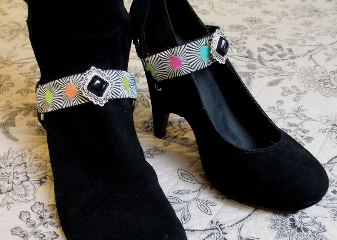 Bootstraps Boot Straps Shoe Jewelry Black Multi Ribbon Silver Elastic ...
