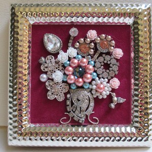 Jeweled Framed Jewelry Art Miniature Flower Bouquet Silver Pink Fuchsia ...
