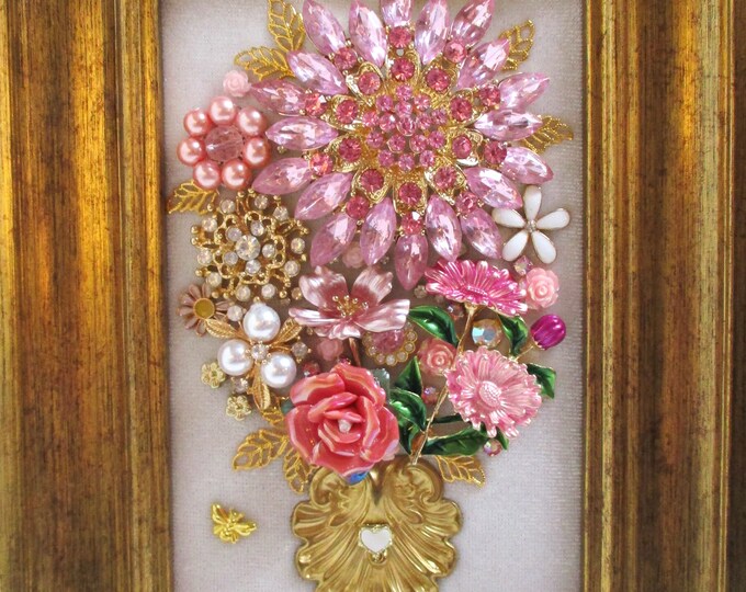 Jeweled Framed Jewelry Art Flower Bouquet White Pink Gold Floral ...
