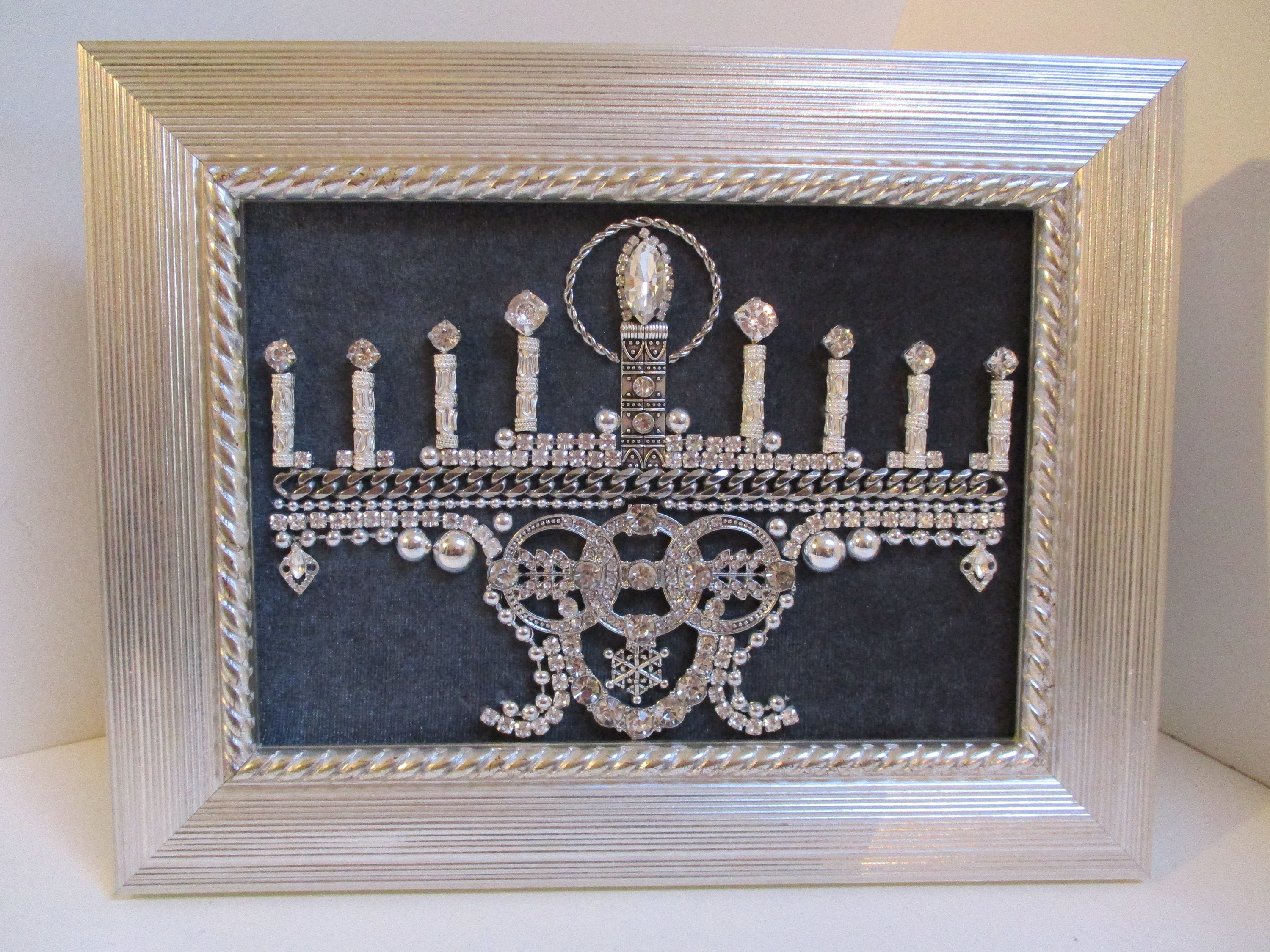 Jeweled Framed Jewelry Art Menorah Hanukkah Gray Silver Deco Rhinestone ...